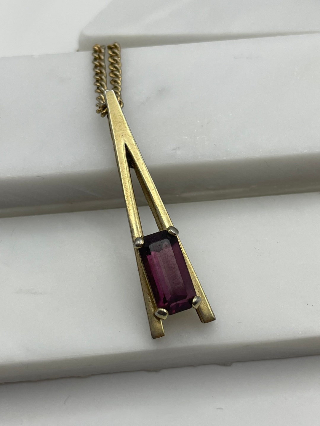 Signed Avon Gold Plated Vintage Pendant in Triangle Shape With Faceted ...