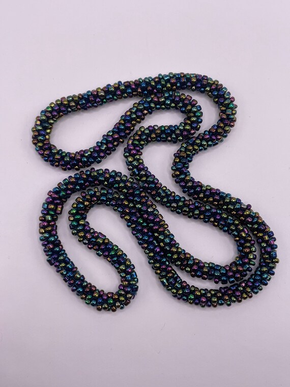 Peacock colour glass seed bead rope style vintage nec… - Gem
