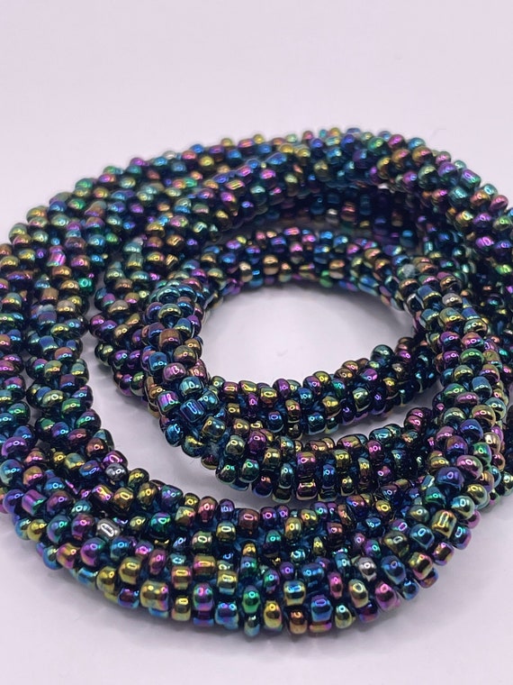 Peacock colour glass seed bead rope style vintage nec… - Gem
