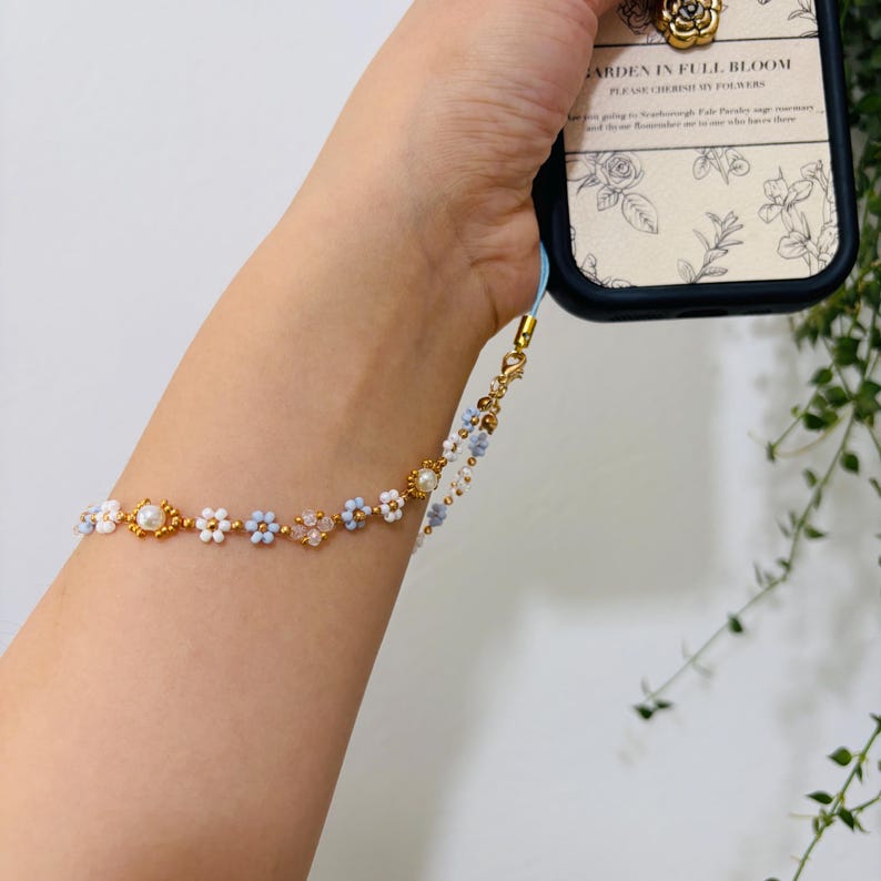 Cloudy Bluesky Phone Charm Strap Bracelet, Beaded White Blue Cell Phone ...