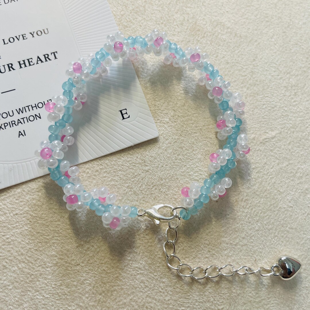 Beaded Daisy Bracelets, Kawaii Flower Bracelets,ice Blue Pink Bracelets ...