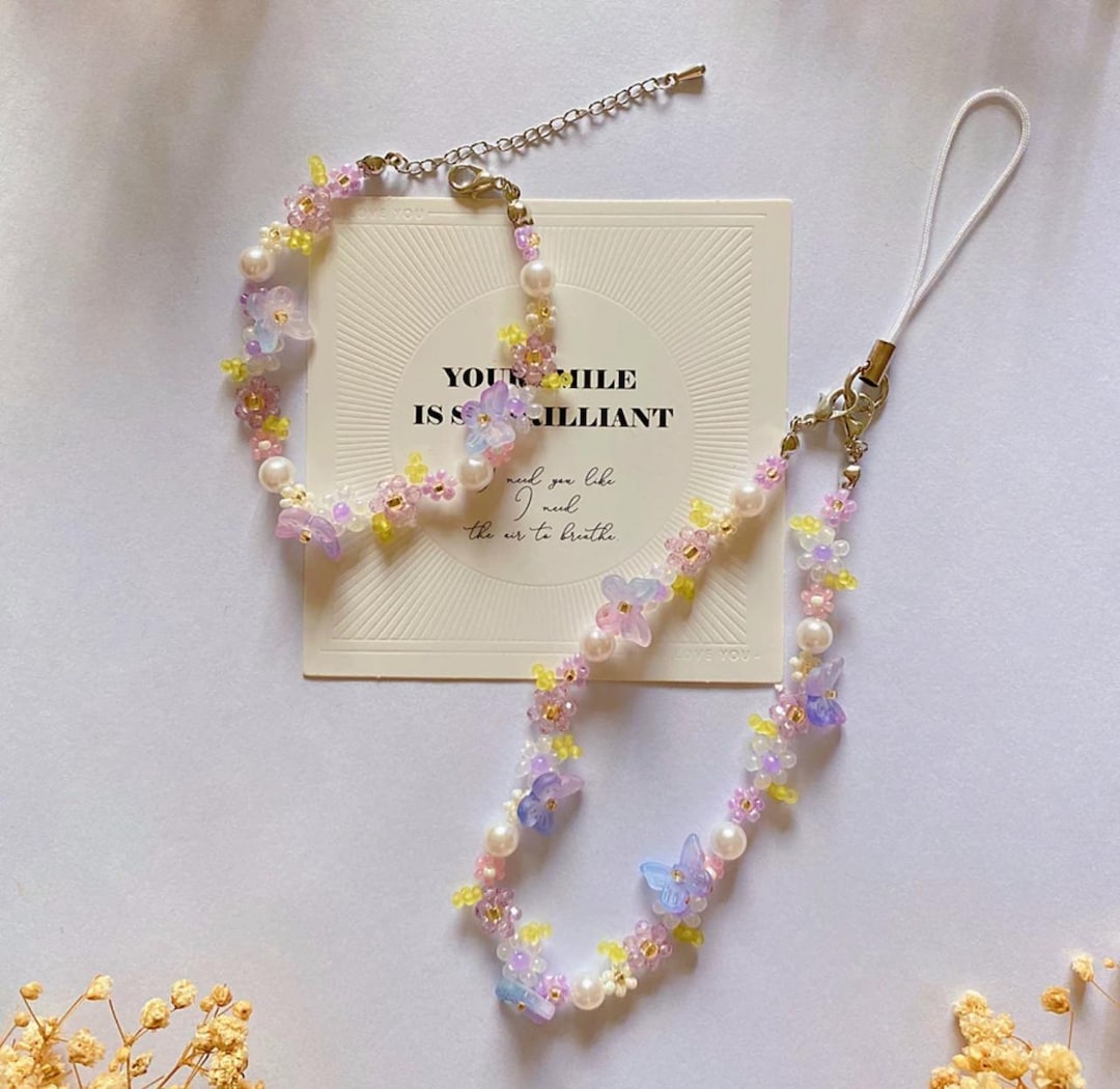 Butterfly Phone Charm Strap Bracelet, Beaded Blue Pink Flower Cell ...
