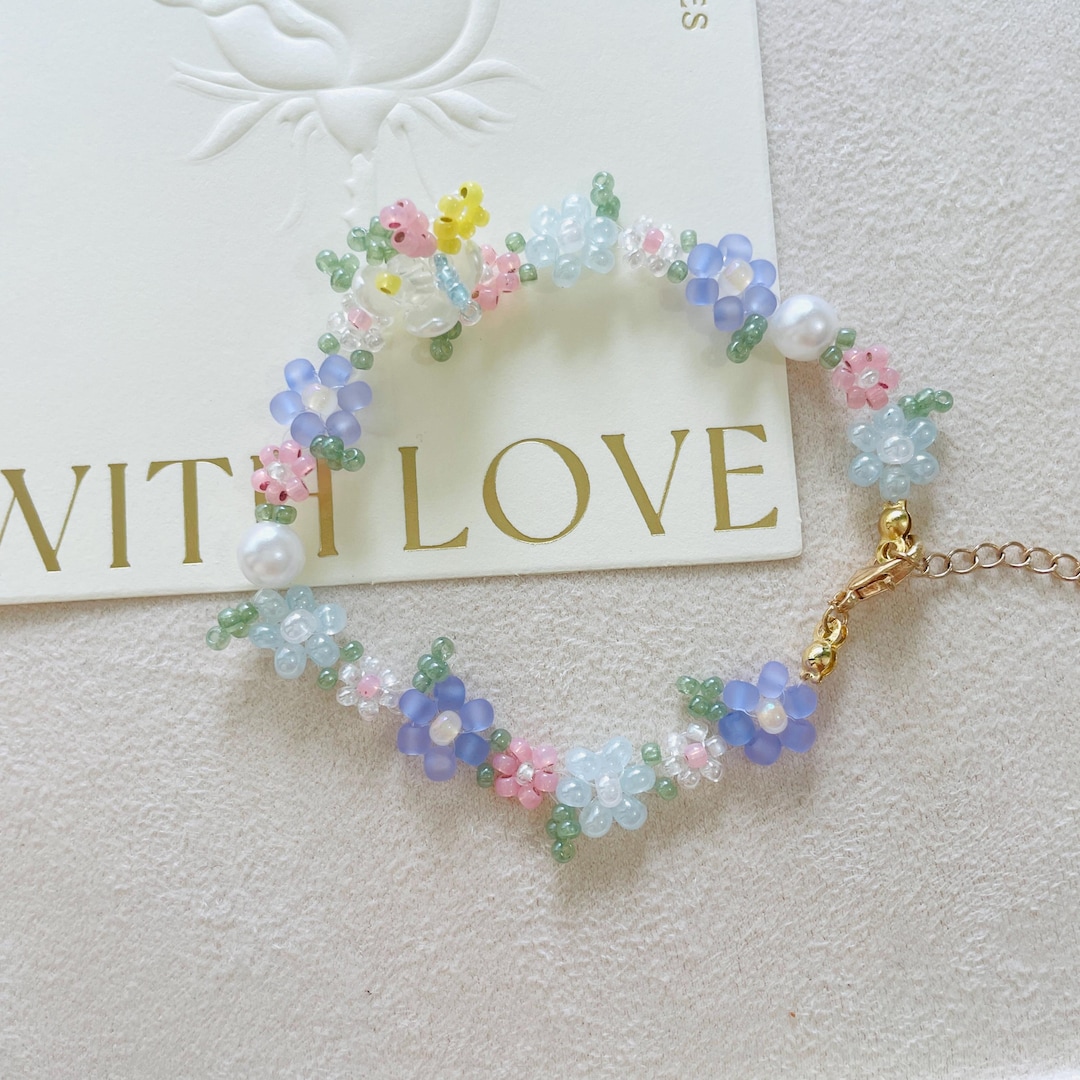 Colorful Beaded Bracelet, Light Blue Pink Purple Flower Bracelet ...