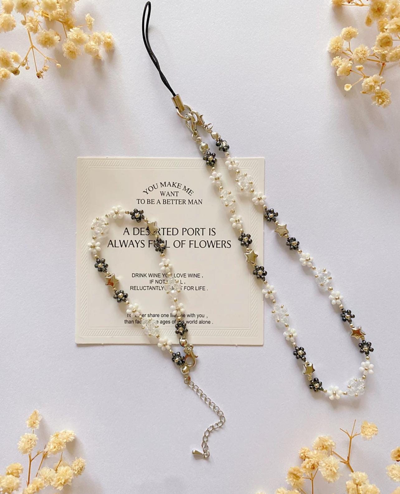 Minimalism Star Phone Charm Strap Bracelet, Beaded Black White Flower ...
