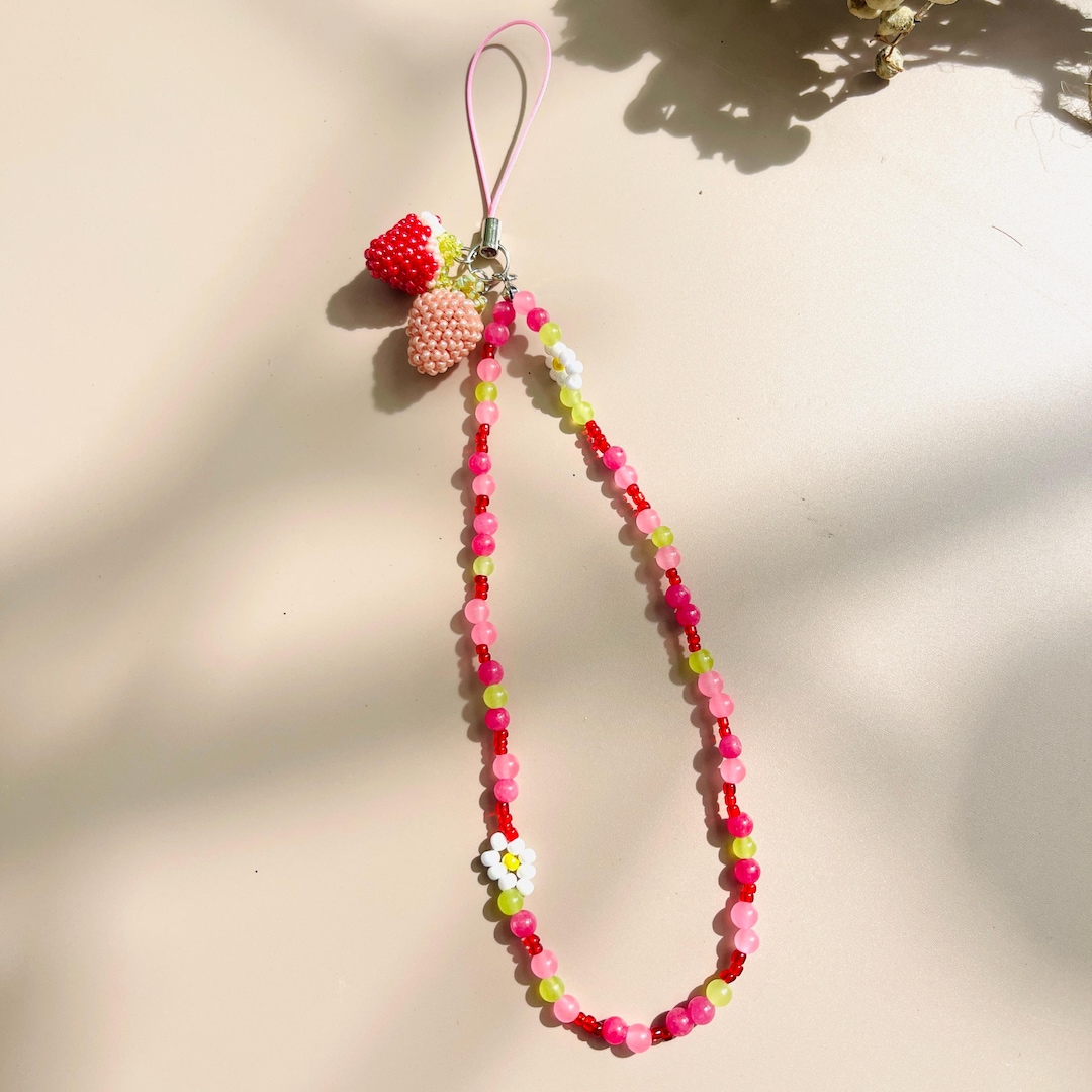 Cute Strawberry Phone Charm Strap,beaded Fruit Cell Phone Chain ...