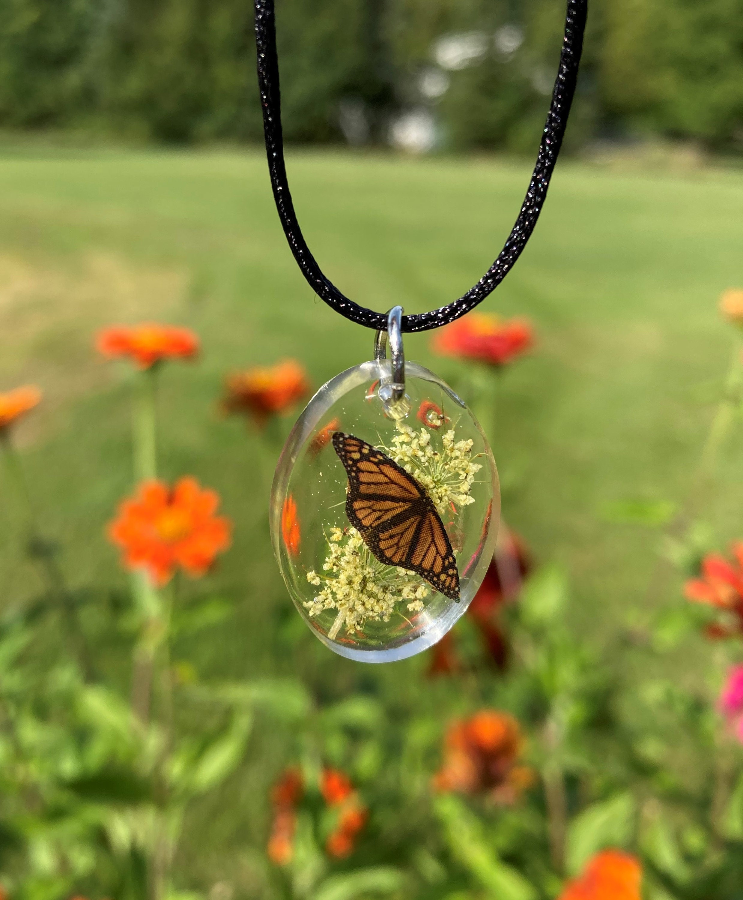 Monarch Butterfly Resin Pendant Necklace With Natural Queen Anne's Lace ...