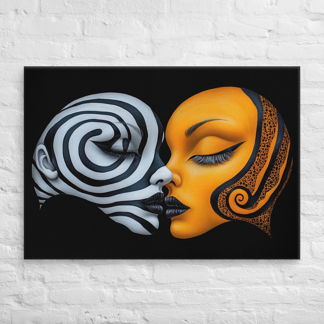 The Hypnotic Kiss – Surreal Abstract Faces in Black and Gold Canvas ...