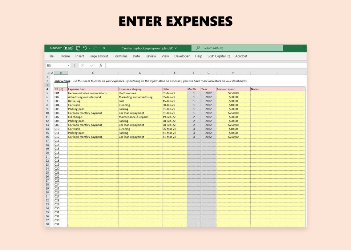 Car Rental Income and Expenses Spreadsheet, Getaround Income and ...