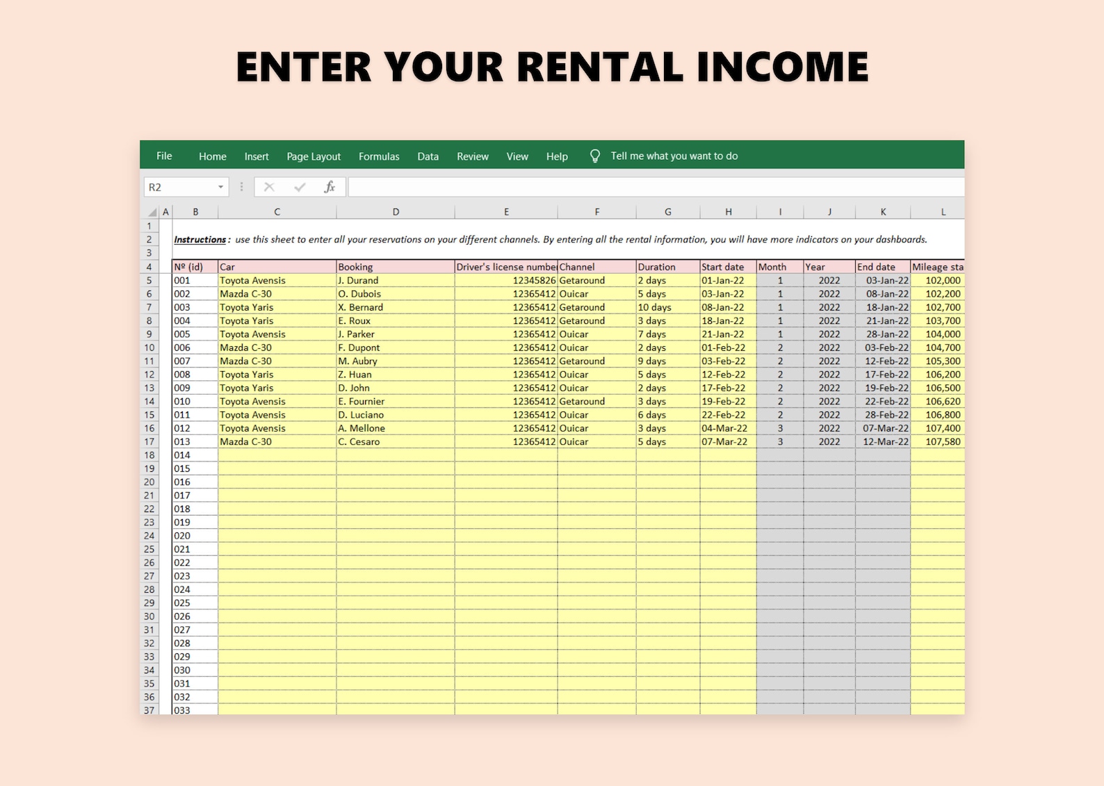 Professional Car Rental Accounting Excel Template - Track Income ...