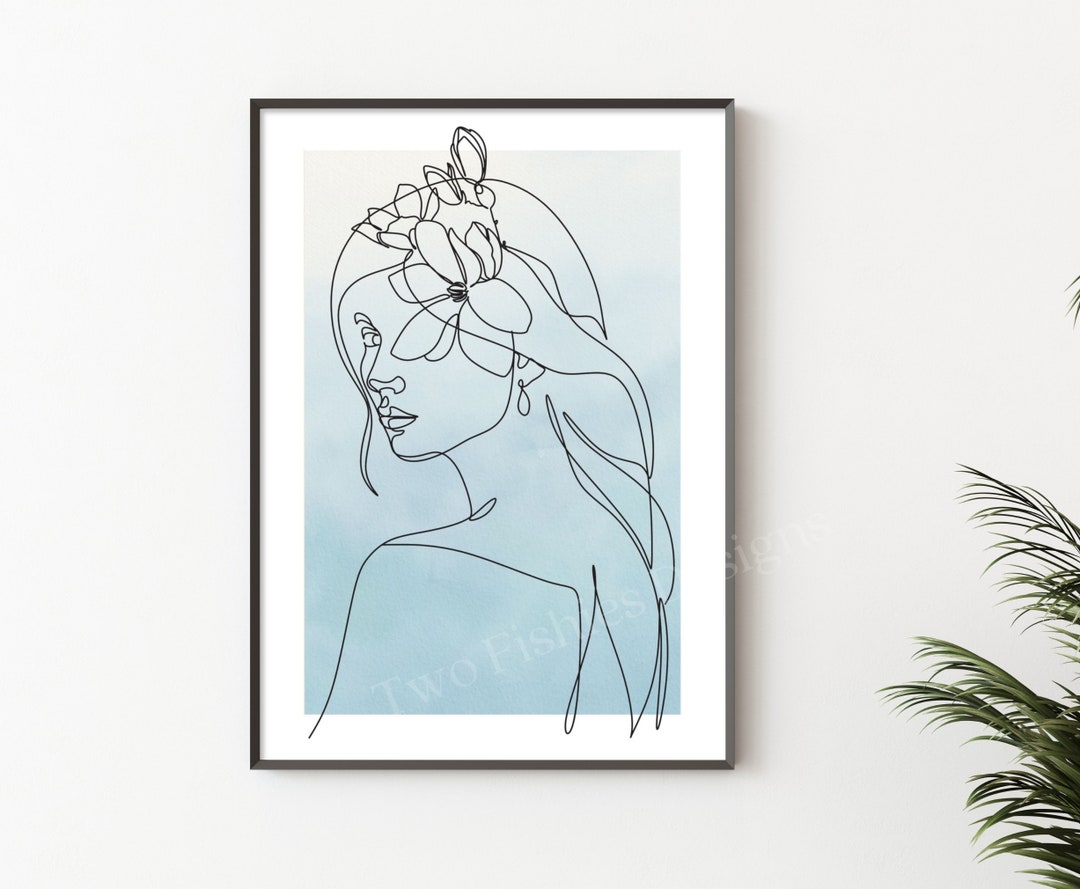 Blue Watercolor Line Art Print Digital Art Download Beautiful Woman ...