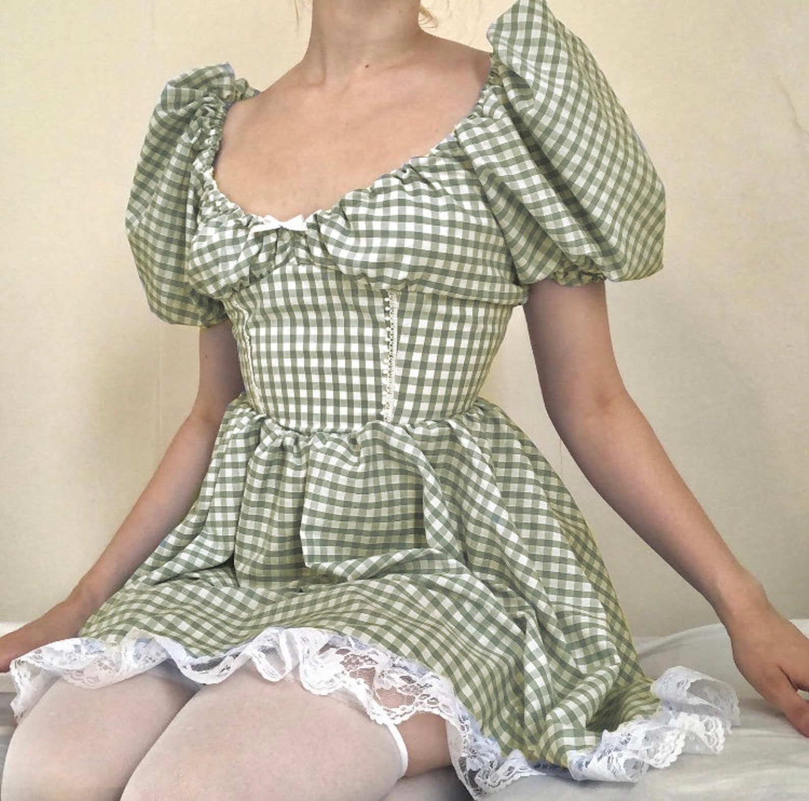 Alice Dress in Pale Green Sage Gingham Check Cotton Handmade, Picnic ...