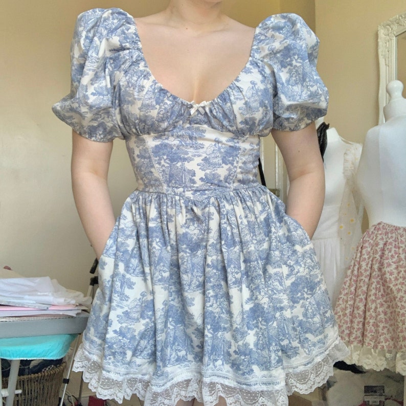 Alice Dress in Blue Toile De Jouy Cotton Handmade, Ethical, Size ...