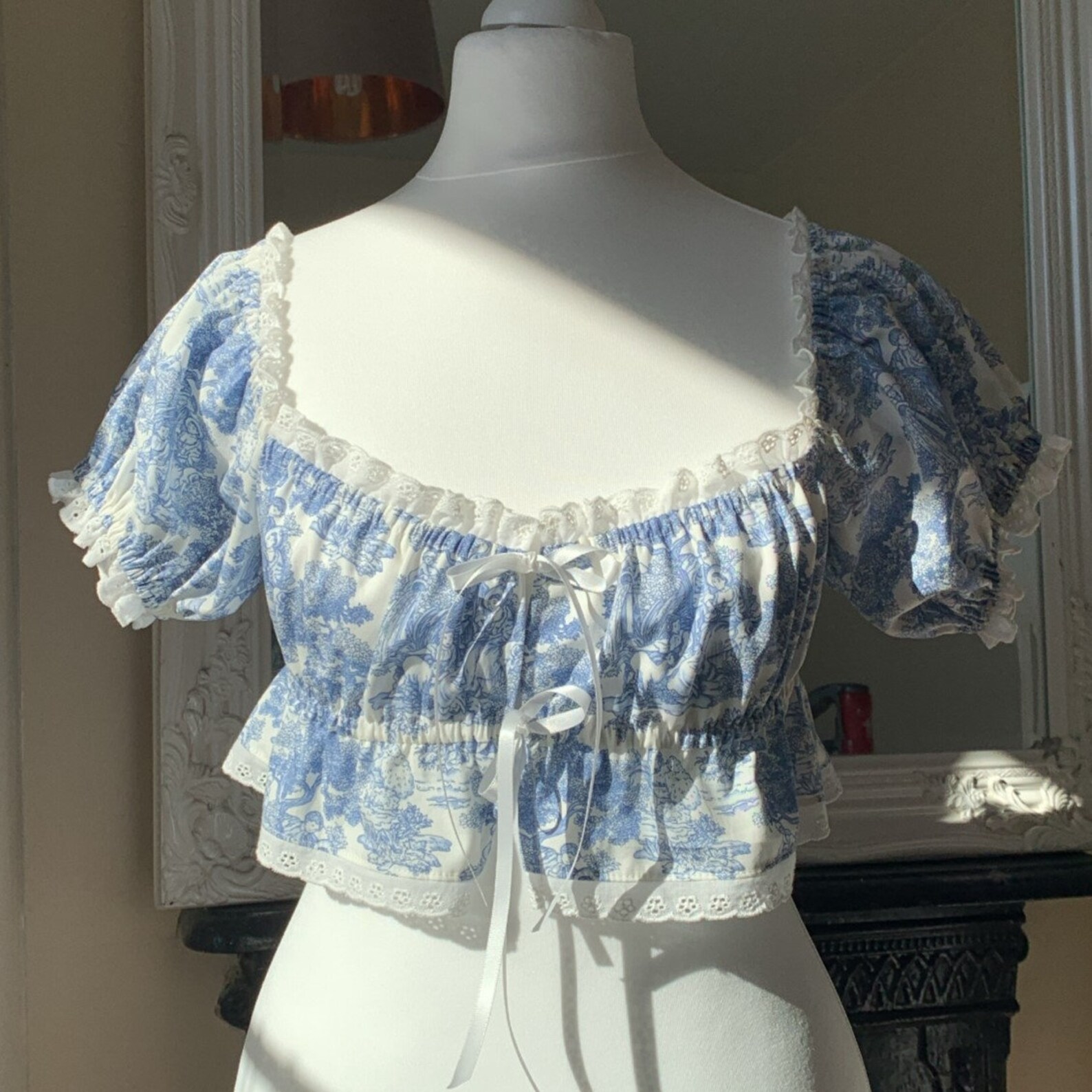 Blue Toile Porcelain Print Cotton Crop Top Puff Sleeve Blouse ...