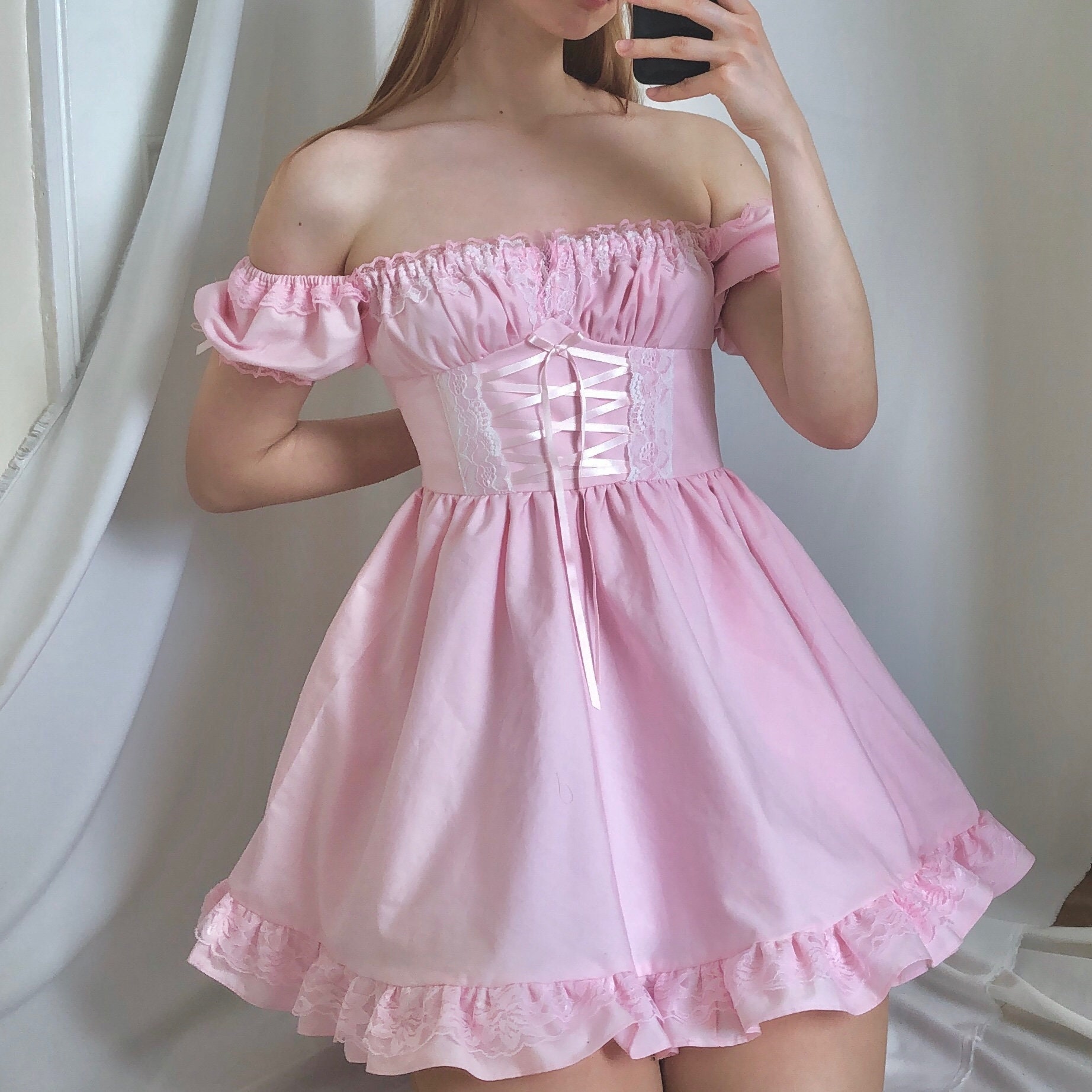 Frilie Dress in Pink Cotton and Pink Lace Handmade, Ethical, Size ...