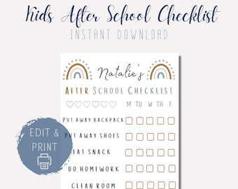 EDITABLE After School Checklist - Etsy