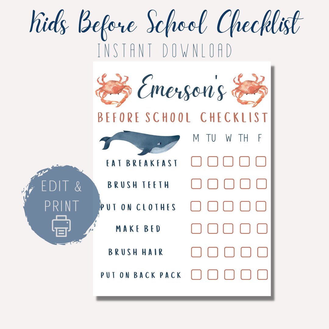 PRINTABLE Before School Kids Checklist, EDITABLE Before School ...