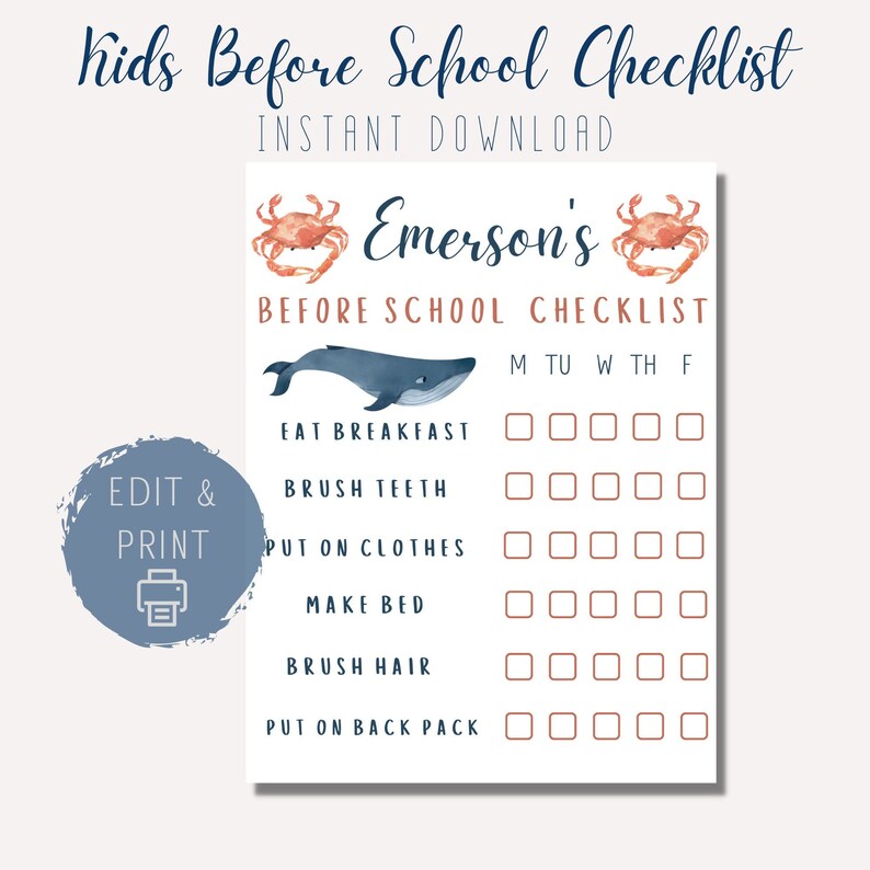 PRINTABLE Before School Kids Checklist, EDITABLE Before School ...