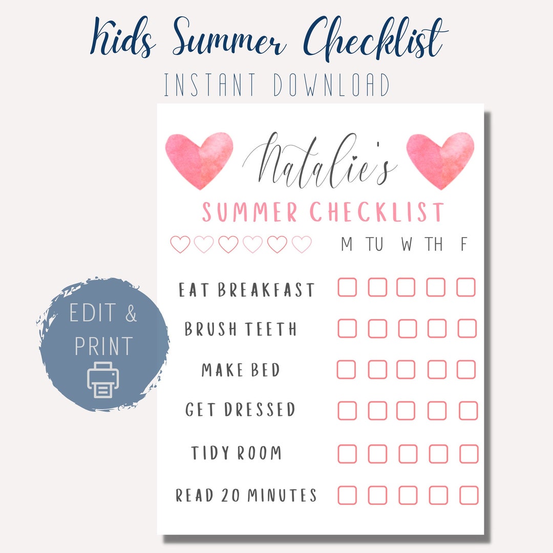 PRINTABLE Summer Checklist for Kids, Kids Summer Schedule, EDITABLE ...