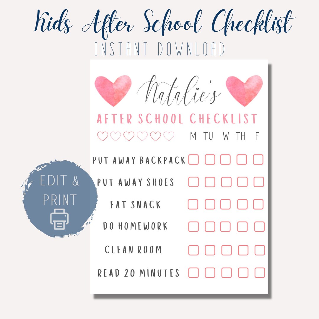 PRINTABLE After School Kids Checklist, EDITABLE After School Checklist ...