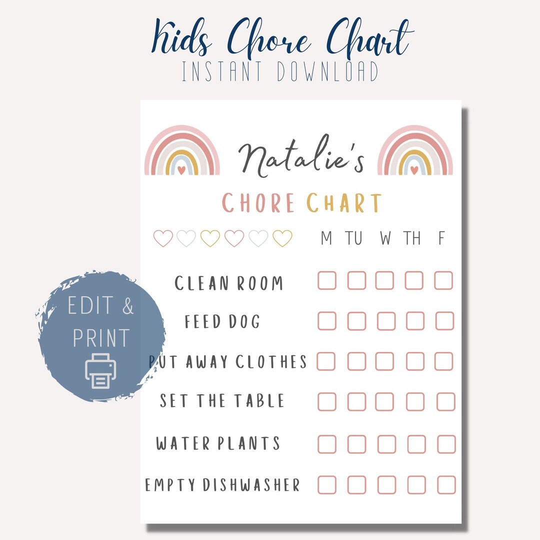 PRINTABLE Kids Chore Chart, EDITABLE Chore Chart, Instant Download ...