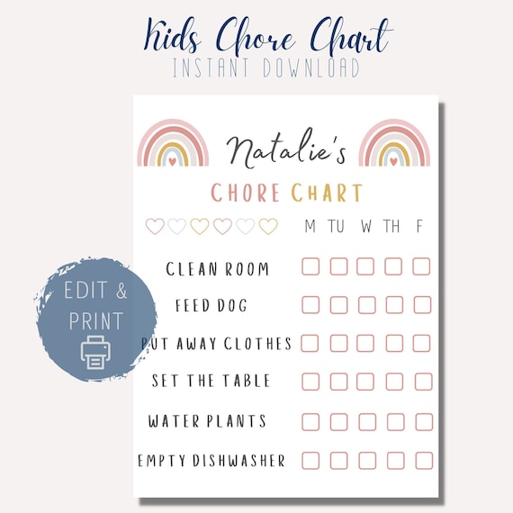 PRINTABLE Kids Chore Chart EDITABLE Chore Chart Instant - Etsy