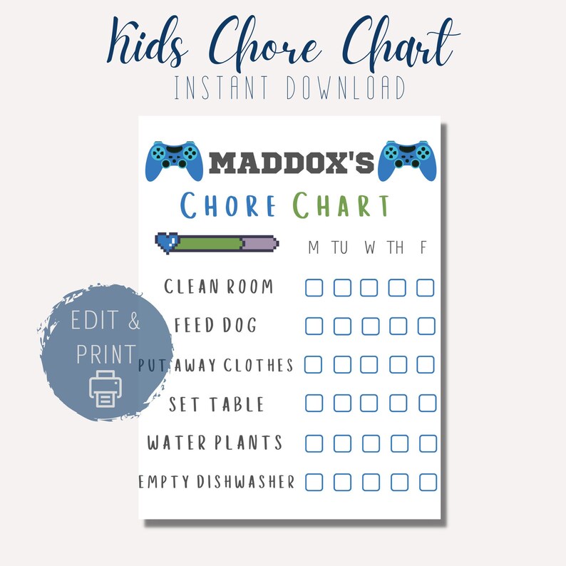 PRINTABLE Kids Chore Chart, EDITABLE Chore Chart, Instant Download ...
