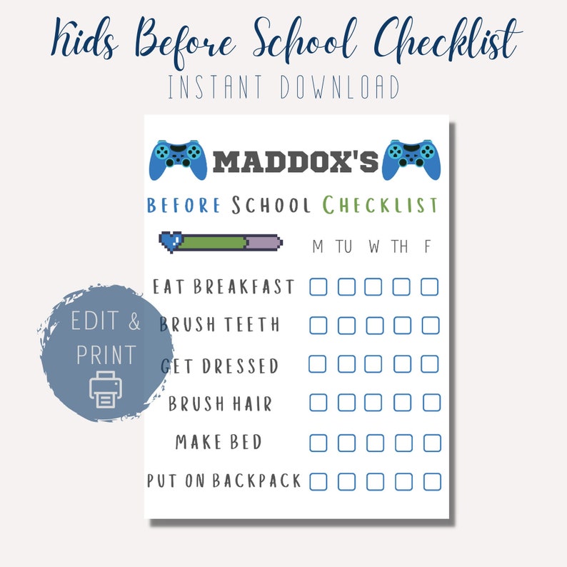 PRINTABLE Before School Kids Checklist, EDITABLE Before School ...