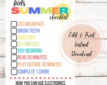 PRINTABLE Summer Checklist for Kids, Kids Summer Schedule, EDITABLE ...