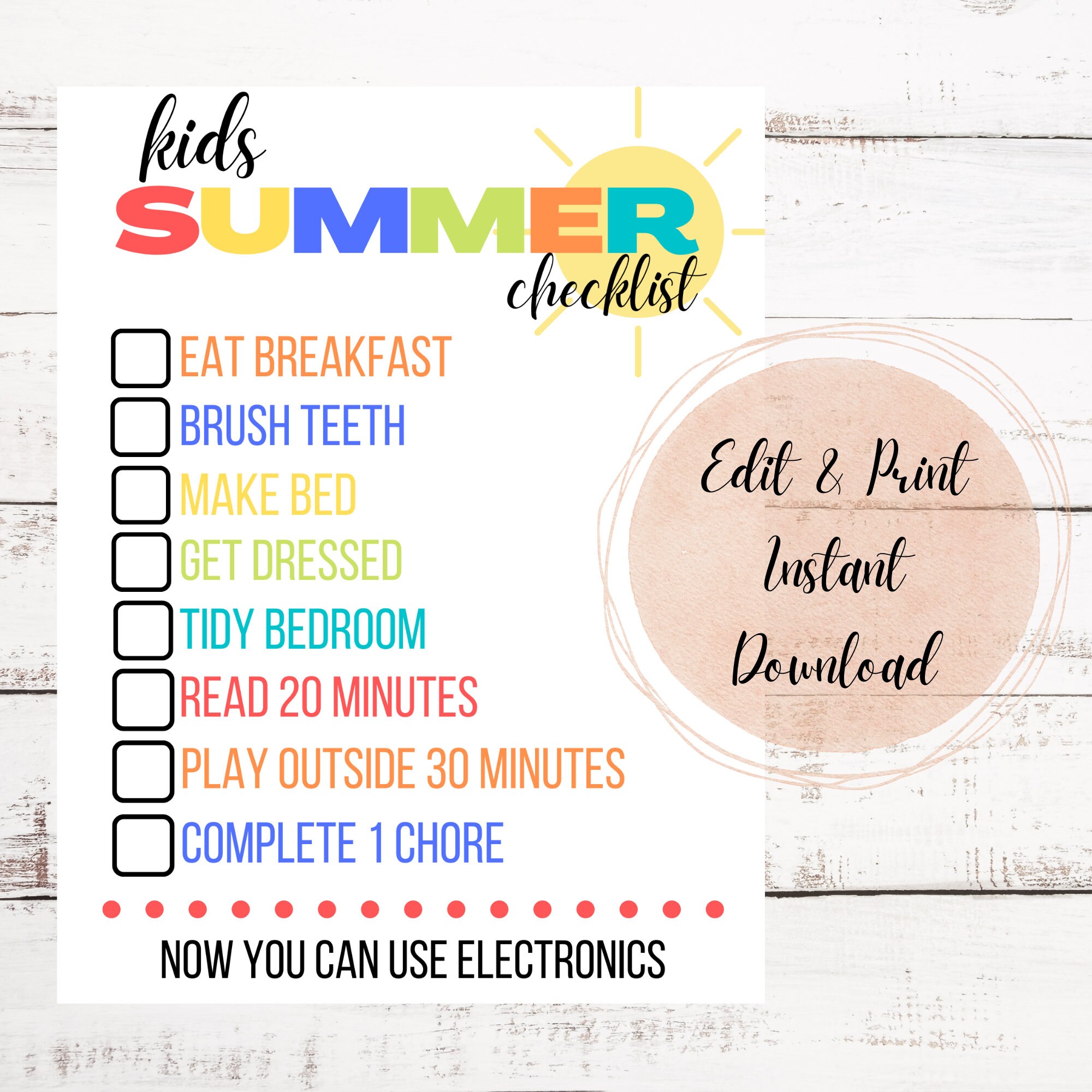 PRINTABLE Summer Checklist for Kids, Kids Summer Schedule, EDITABLE ...