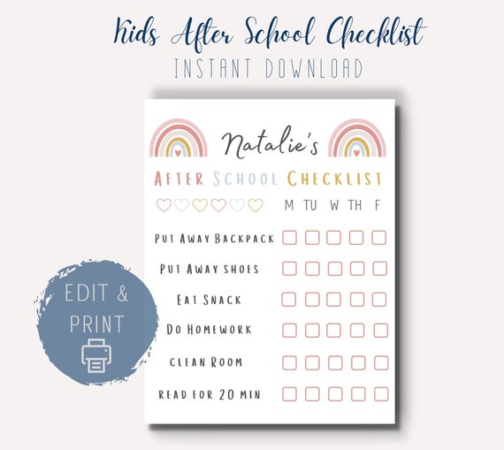 PRINTABLE After School Kids Checklist EDITABLE After School - Etsy