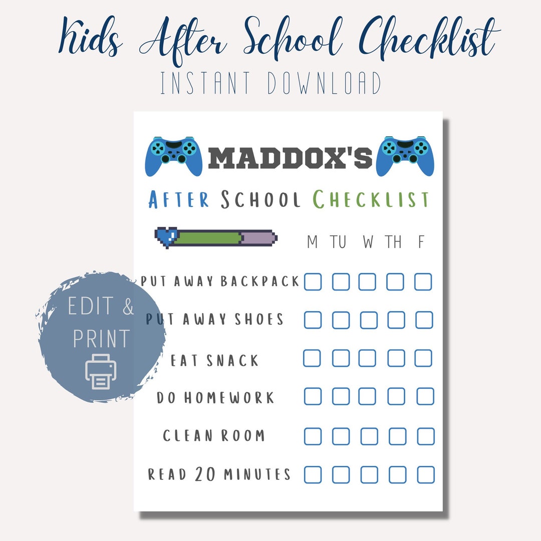 Kids After School Checklist, Video Games Chore Chart (digital Download ...