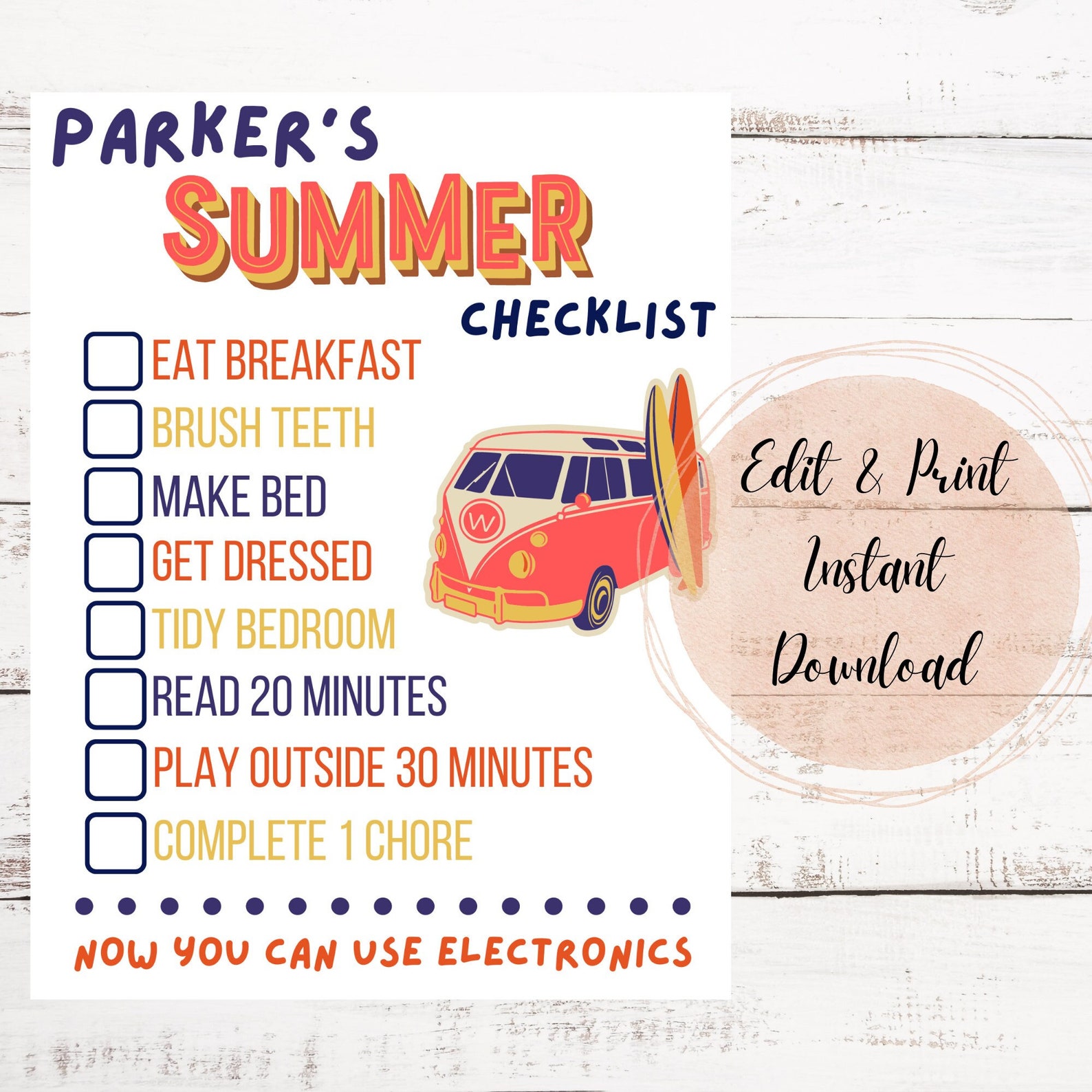 PRINTABLE Summer Checklist for Kids, Kids Summer Schedule, EDITABLE ...