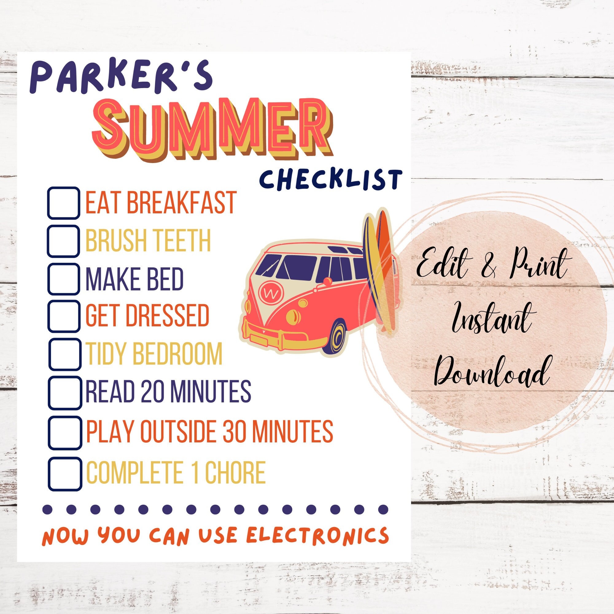PRINTABLE Summer Checklist for Kids, Kids Summer Schedule, EDITABLE ...
