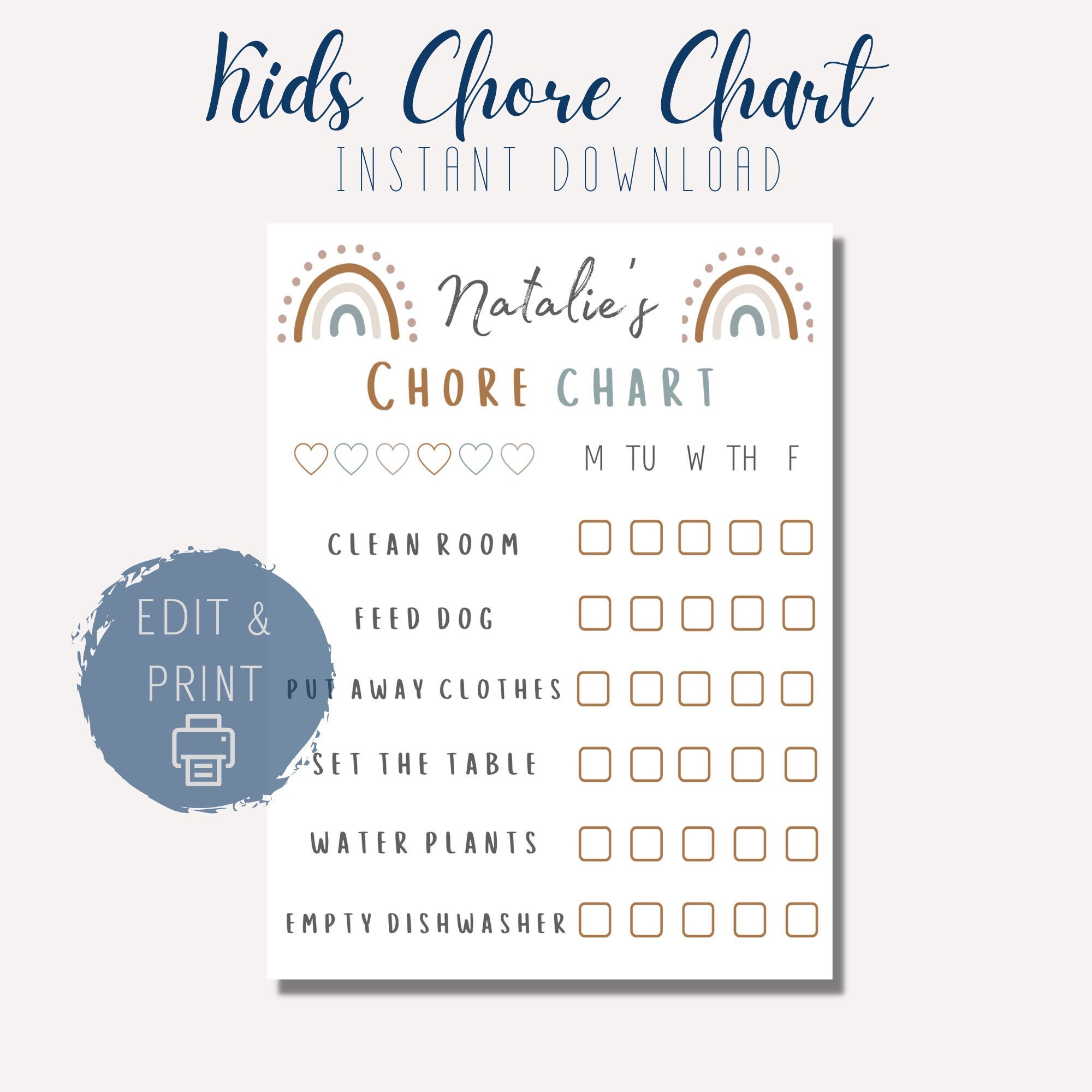 PRINTABLE Kids Chore Chart, EDITABLE Chore Chart, Instant Download ...