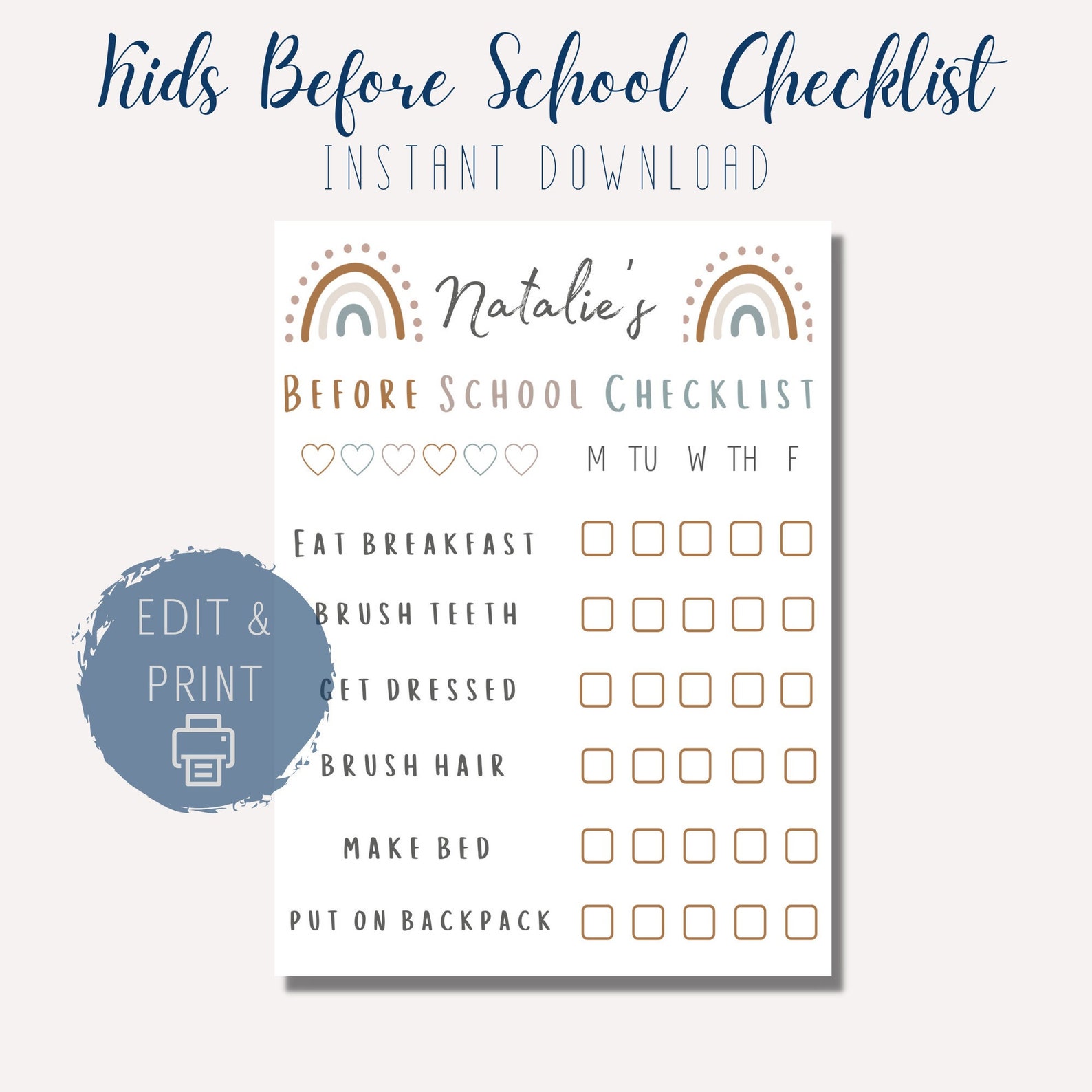 PRINTABLE Boho Before School Kids Checklist, EDITABLE Neutral Kids ...