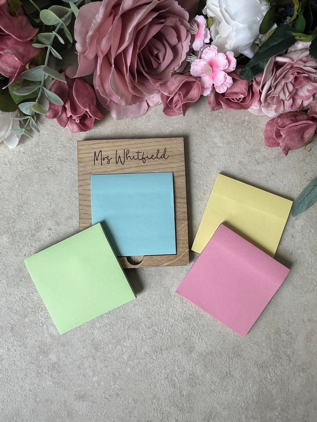 Personalised Teacher Gift, Engraved Sticky Note Pad Holder, Wooden End ...