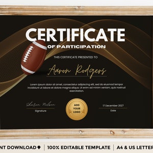 Editable American Football Certificate Template, Sports Certificate ...