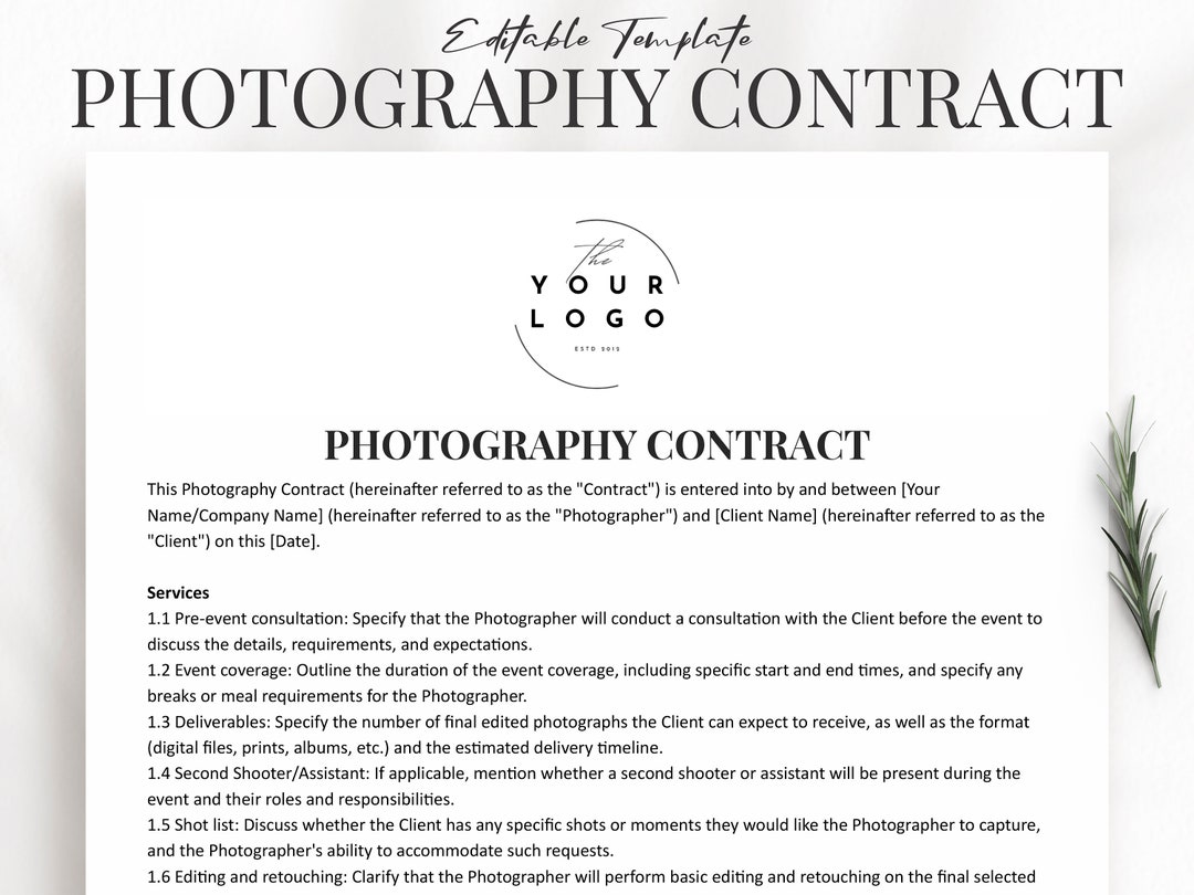 Professional Photography Contract Template | Detailed Agreement for ...