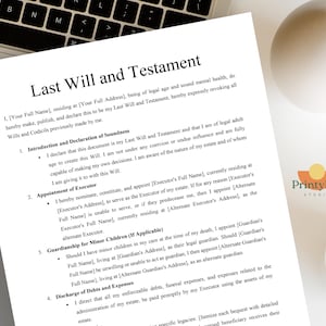 Last Will and Testament Template - Printable Legal Document for Estate ...