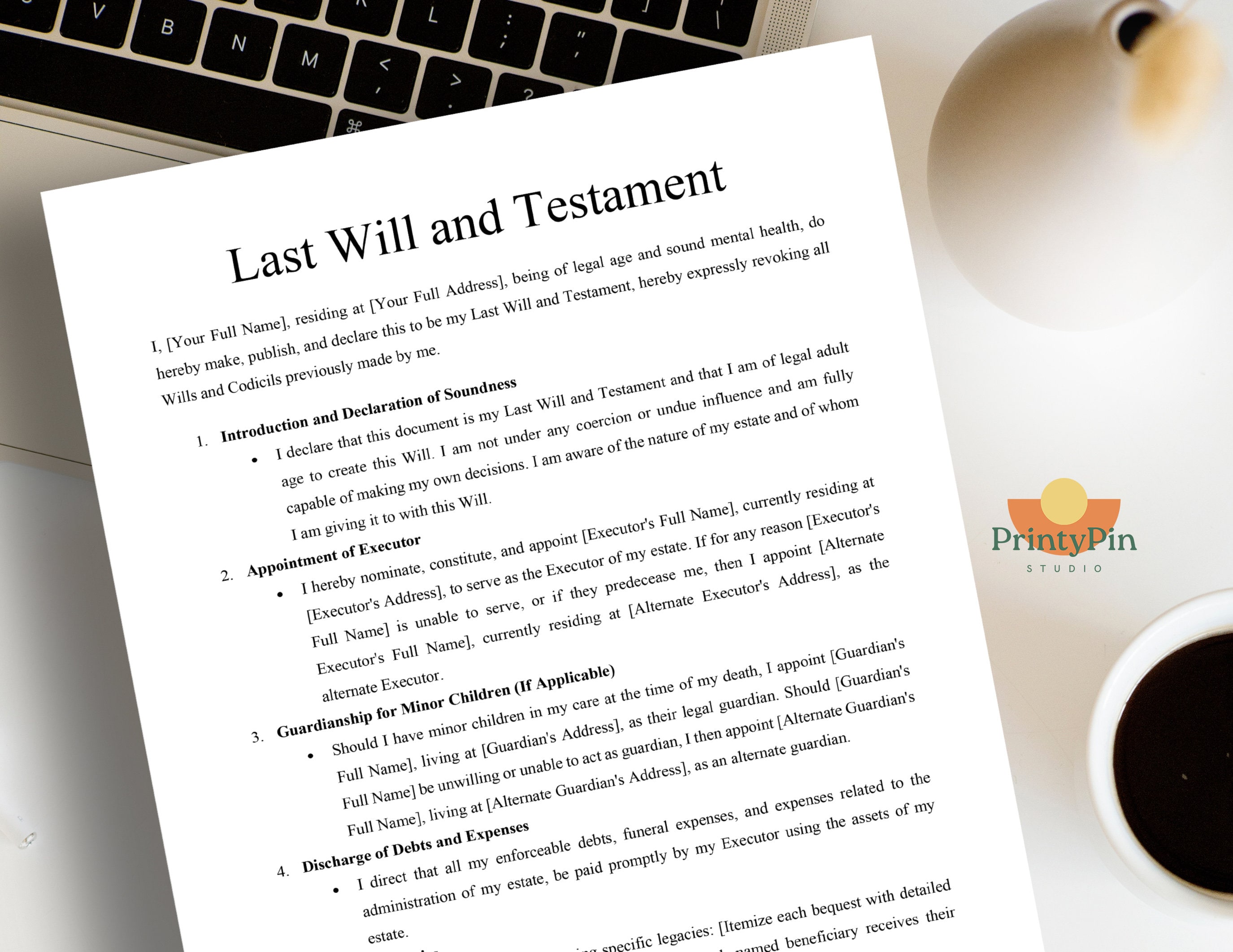 Last Will and Testament Template - Printable Legal Document for Estate ...