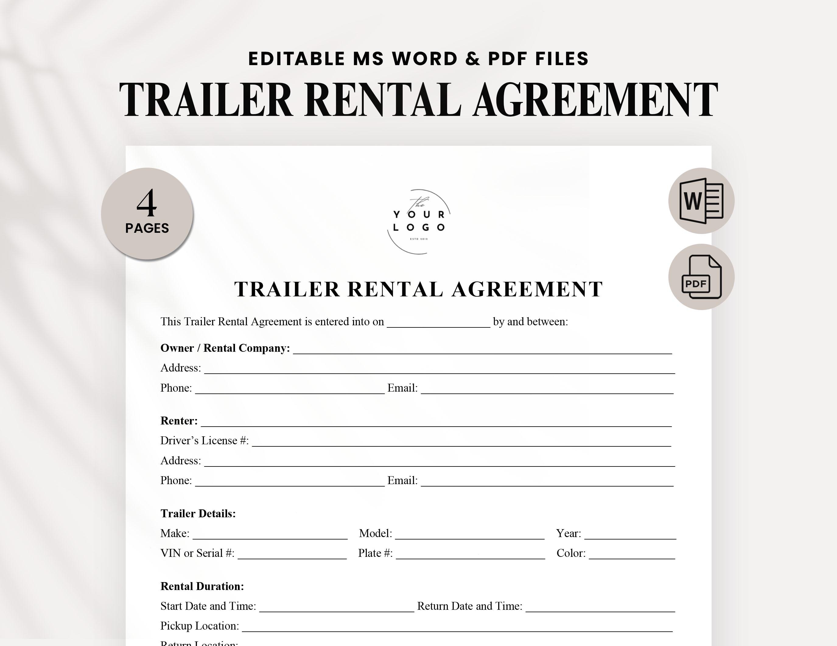 Trailer Rental Agreement Template Pdf & Word - Printable Dump Trailer ...
