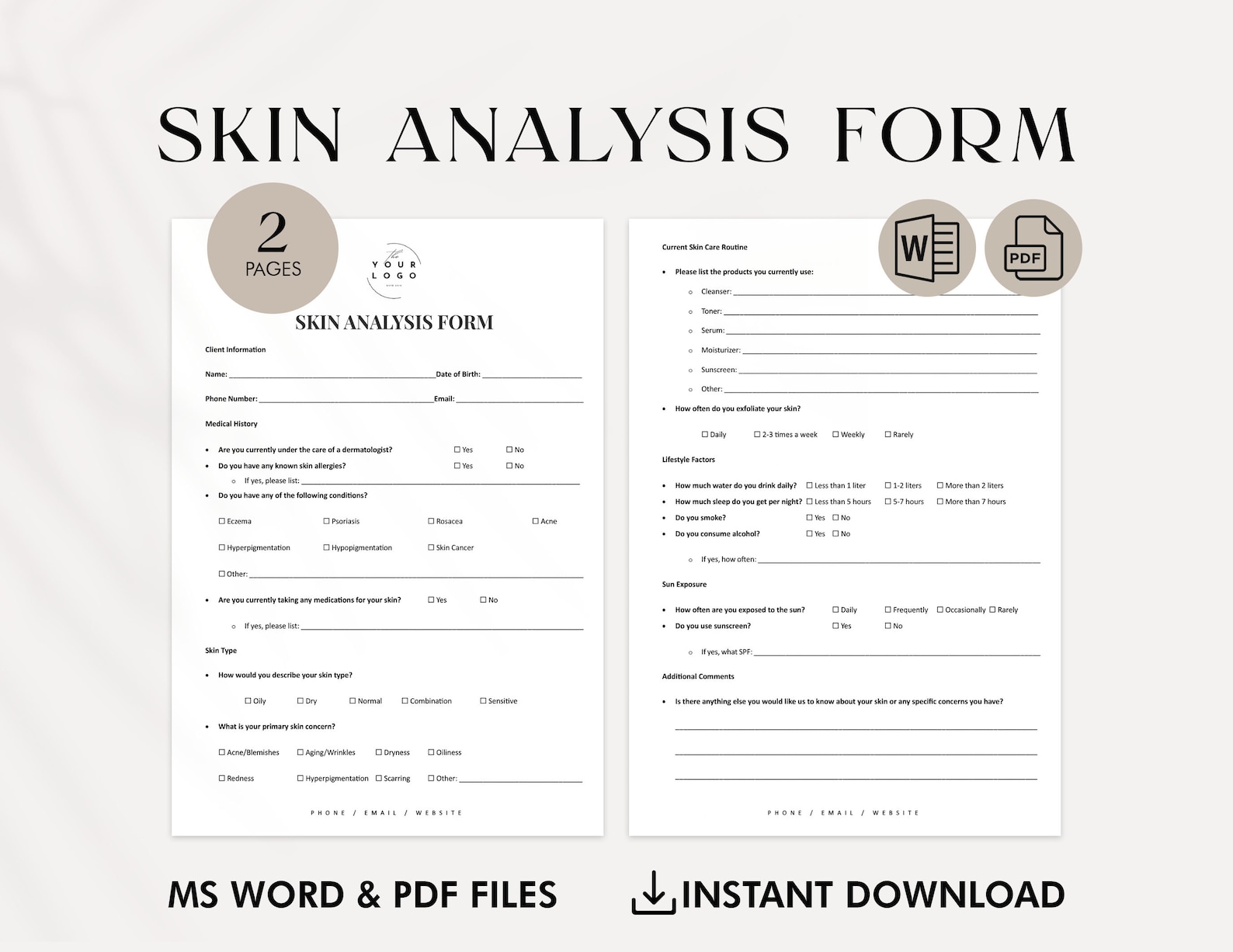 Esthetician Templates | Skin Analysis Form | Printable Skincare Consent ...
