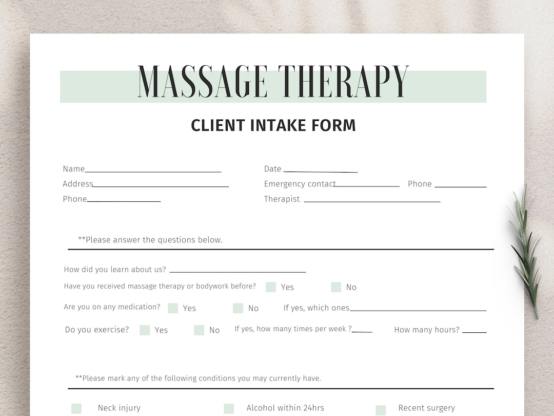 Massage Intake Form Word, Massage Consent Form PDF, Massage Therapist ...