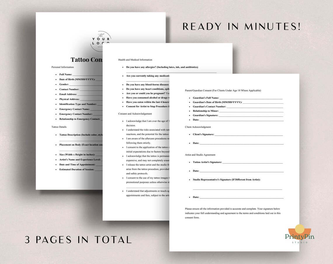 Tattoo Consent Form Template - Professional Tattoo Studio Client ...