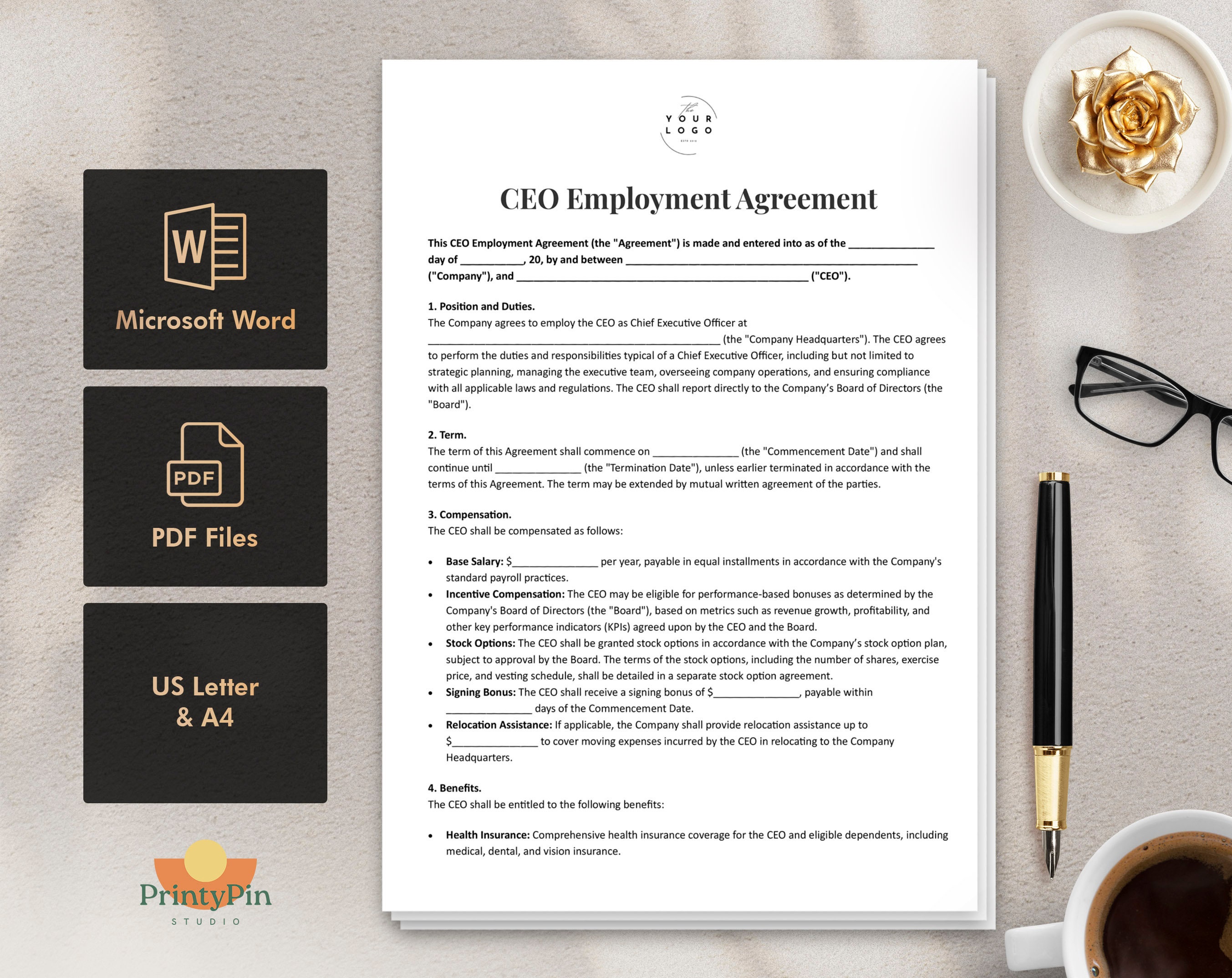 CEO Employment Agreement | Executive Contract Template | Editable CEO ...