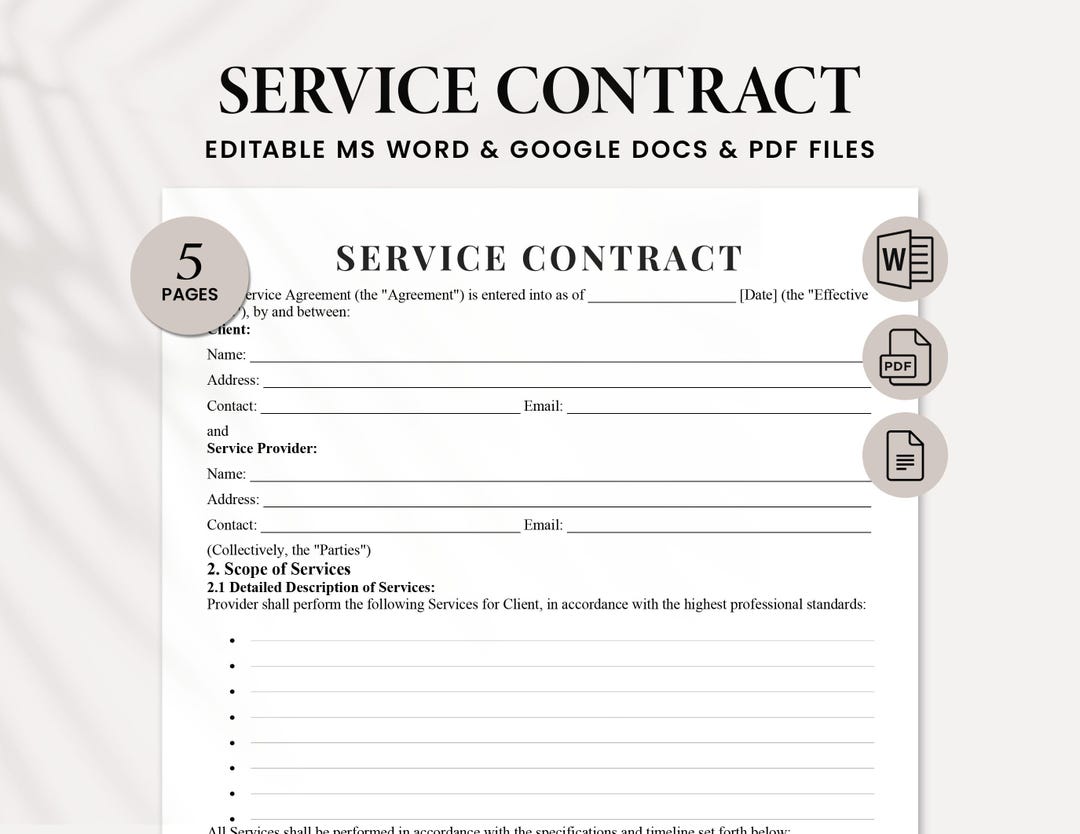 Printable Service Contract Form, Service Contract Agreement Template ...