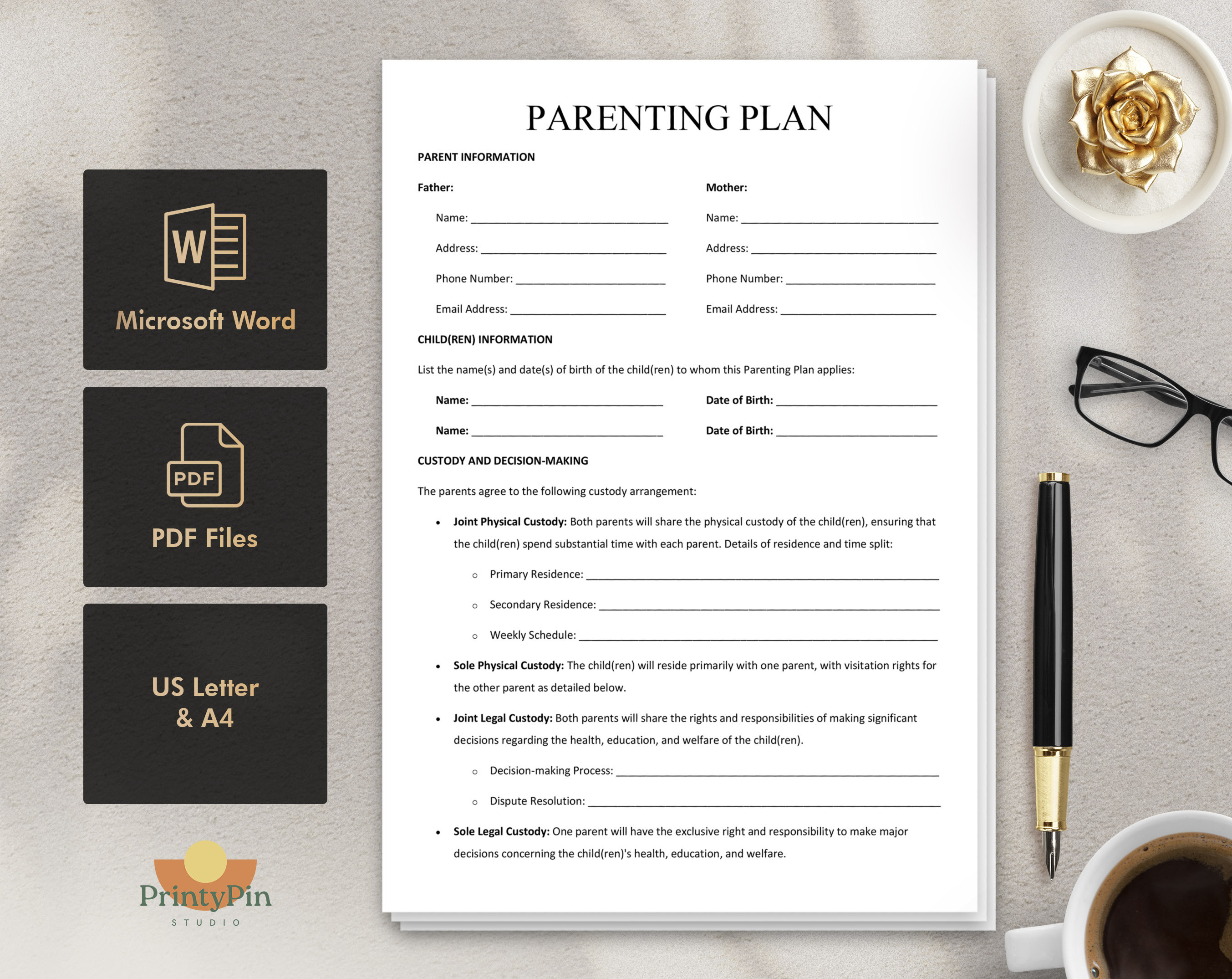 Parenting Plan Template | Editable Child Custody Agreement PDF & Word ...