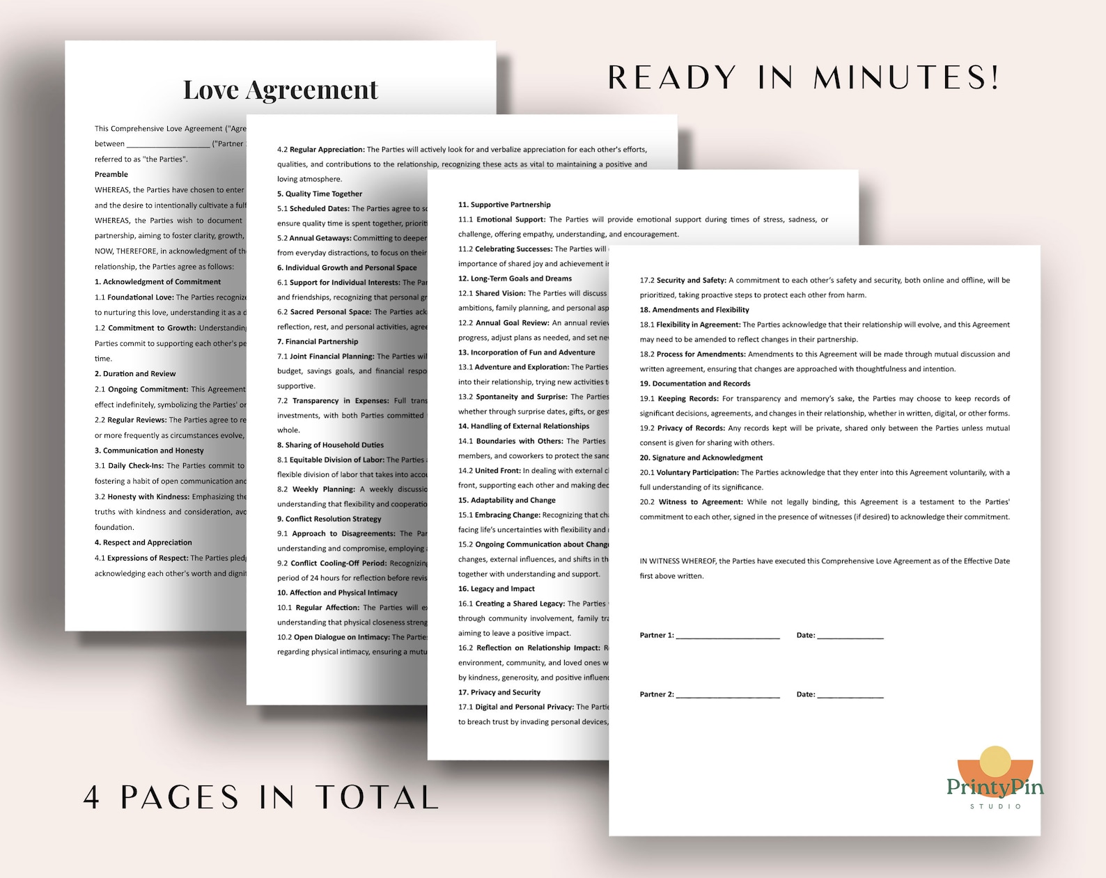 Editable Love Agreement Template - Couples Commitment Plan in Word ...