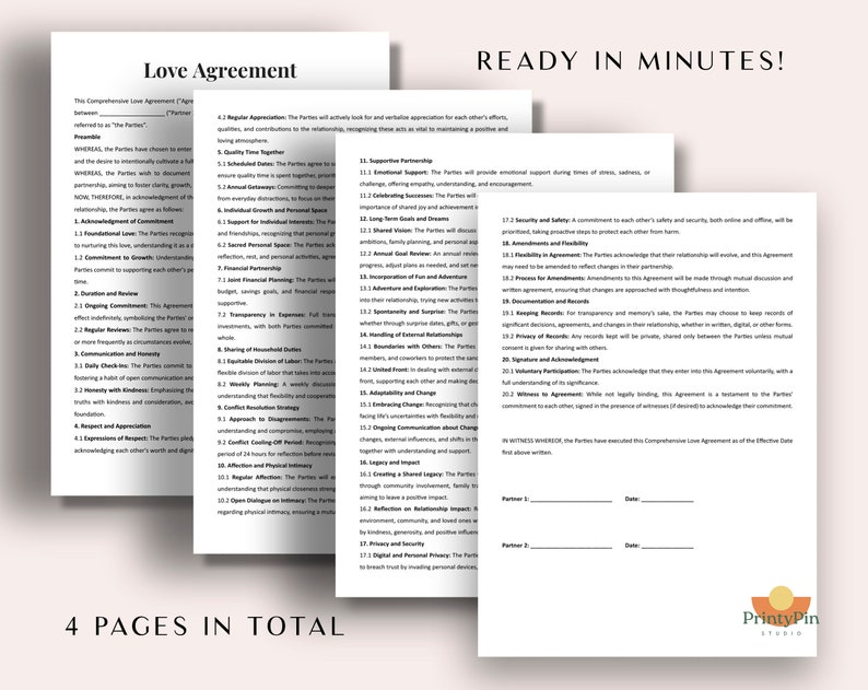 Editable Love Agreement Template - Couples Commitment Plan in Word ...