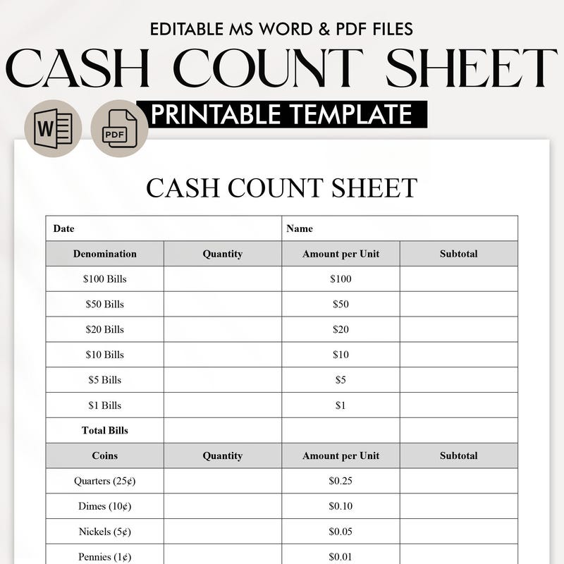 Cash Drawer Count Sheet - Etsy